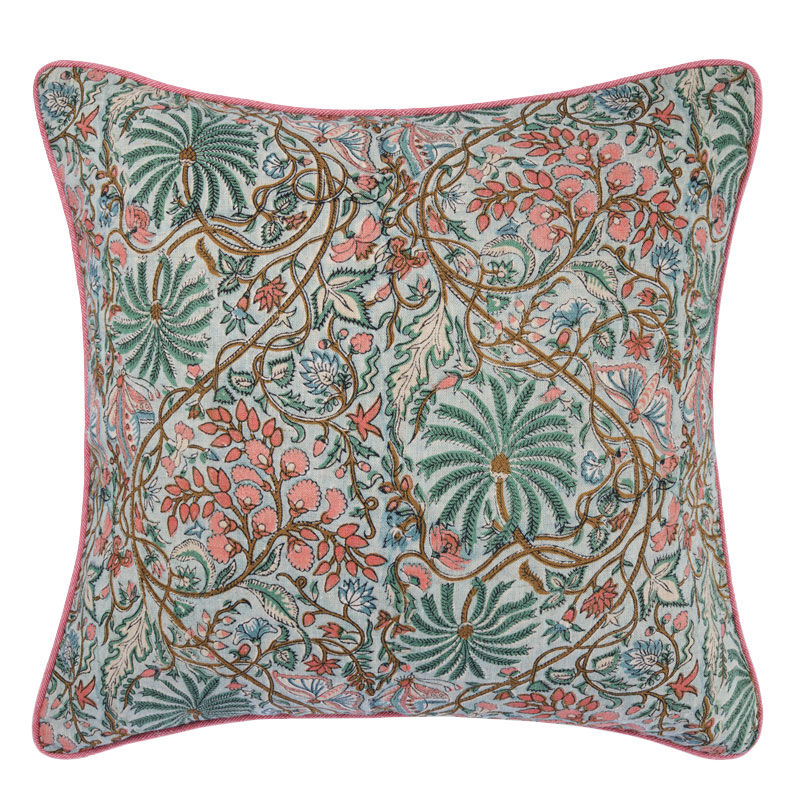Kerala Garden Aqua Palm Print Linen Cushion Cover - 50cm | No Chintz ...