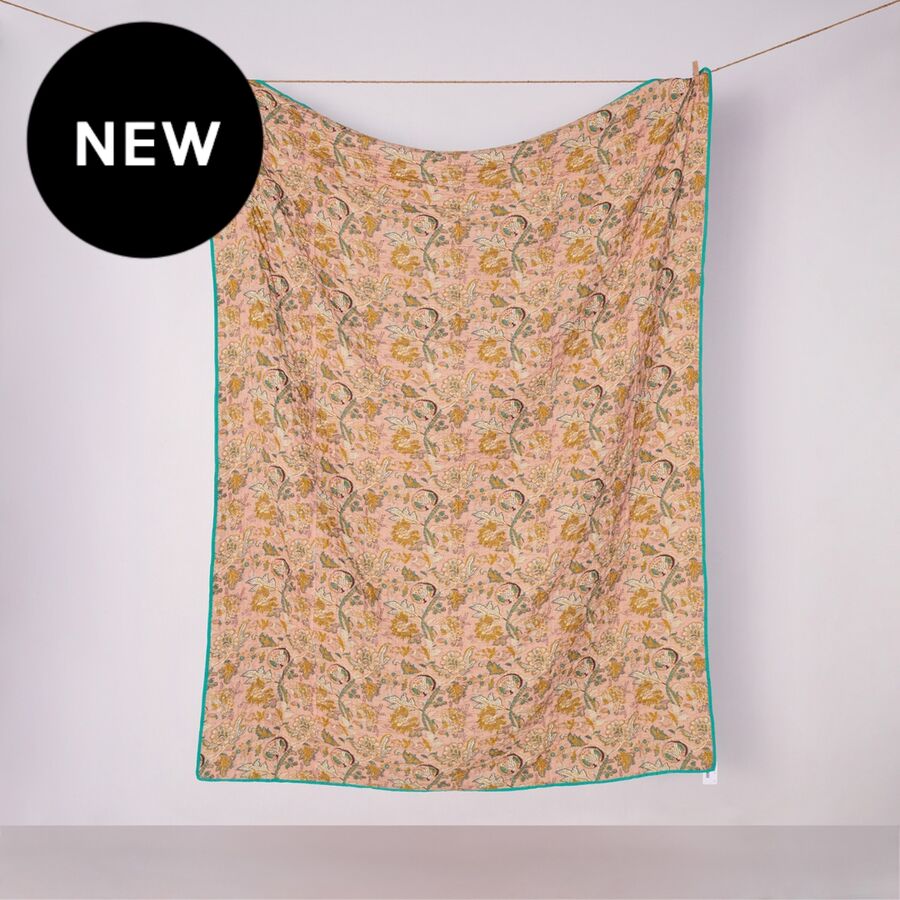Blush Pink Dibi Cotton Throw | Hand-Stitched Block Print Throw | No Chintz