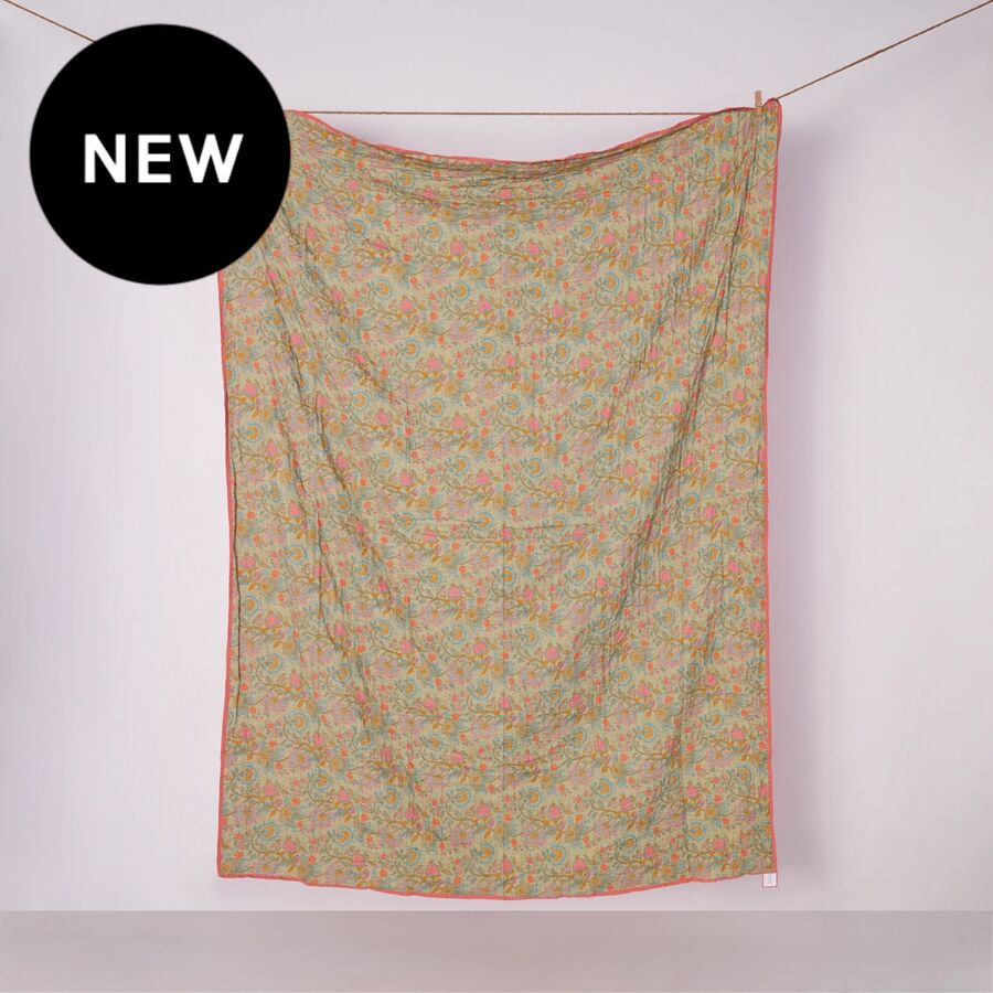 Mist Dibi Cotton Throw | Hand-Stitched Block Print Throw | No Chintz